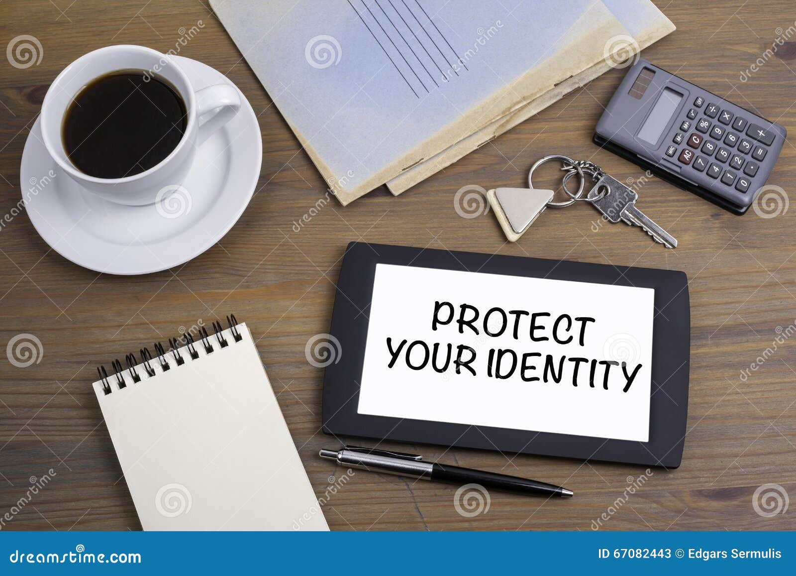 Protect Your Identity. Text on Tablet Device on a Wooden Table Stock ...