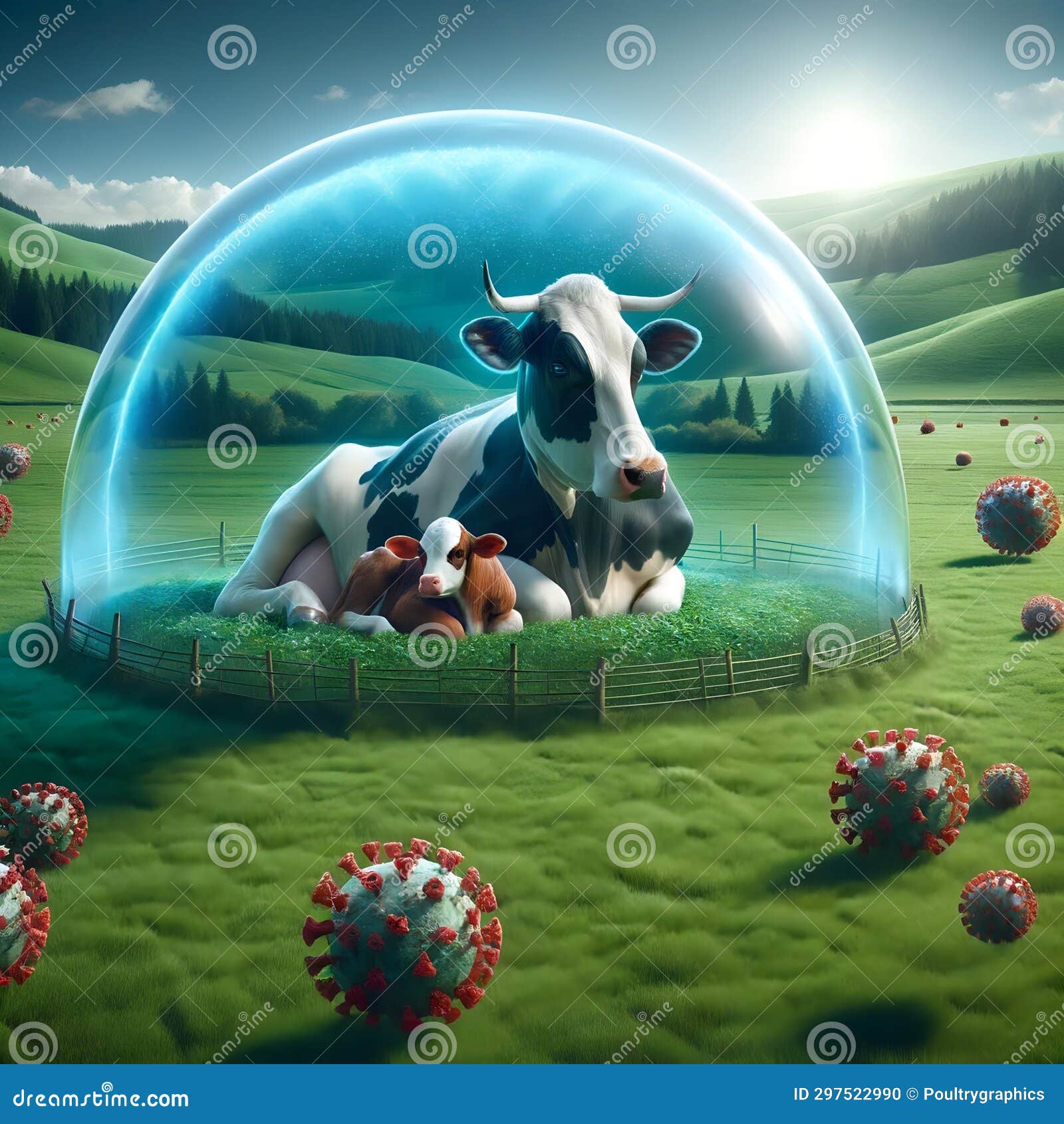 Protected Cattle in Blue Light Dome: Symbolizing Disease Immunity ...