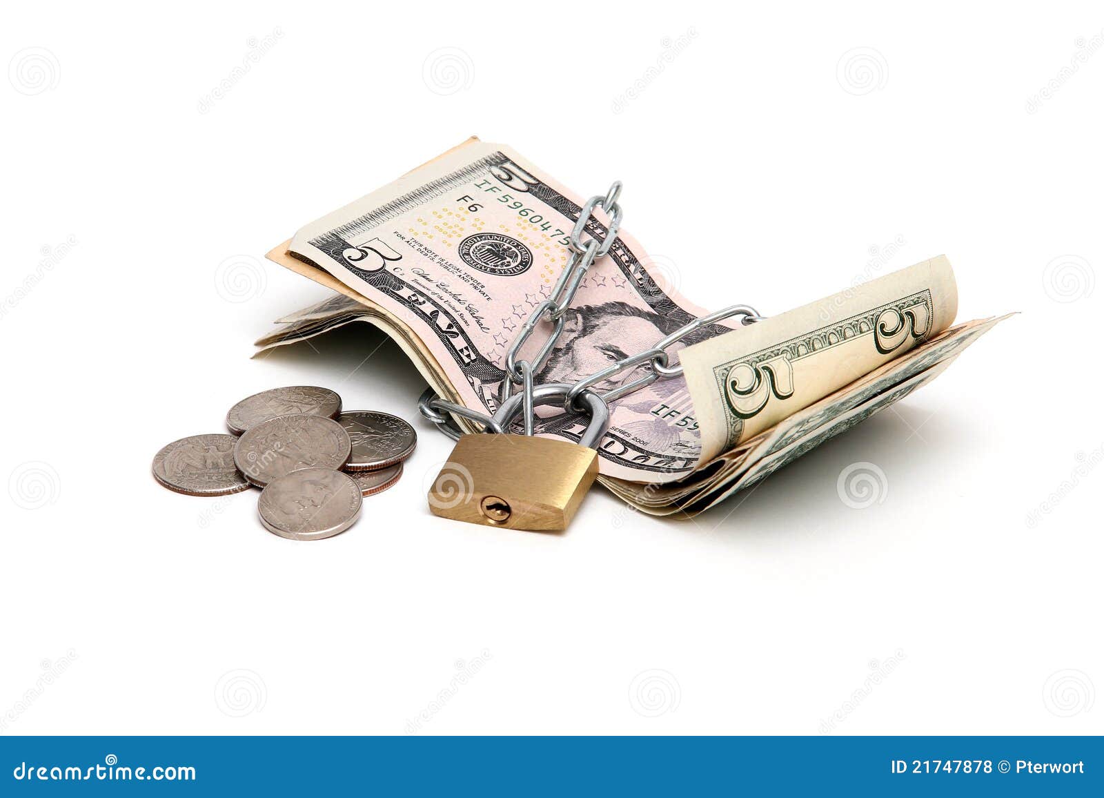 Protected Dollar Notes and Coins Stock Photo - Image of currency, chain ...