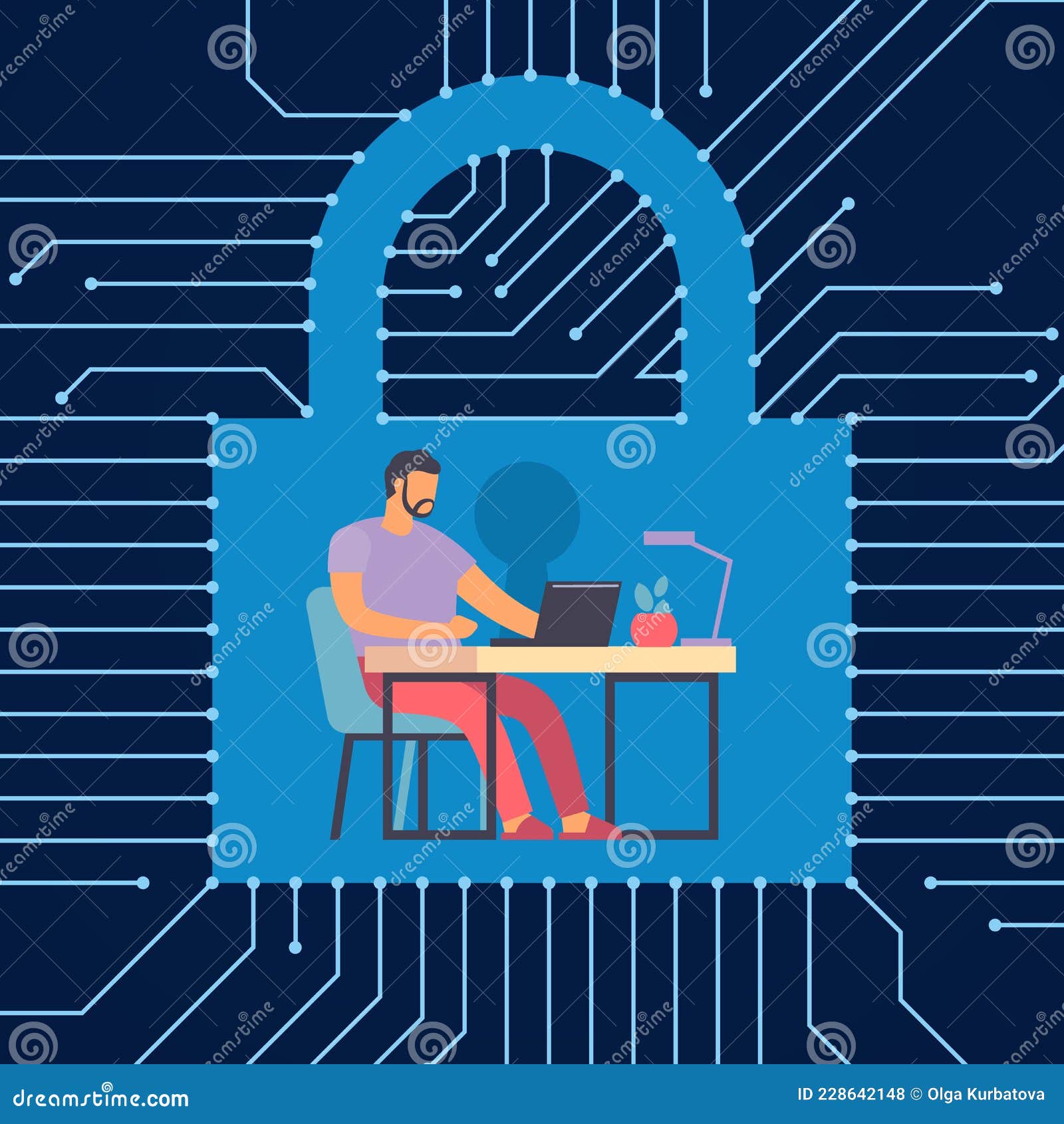 Protected Workflow. Man Working at Computer. Digital Security ...