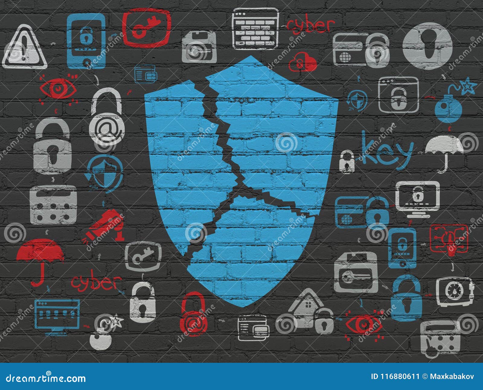 Protection Concept: Broken Shield on Wall Background Stock Illustration ...