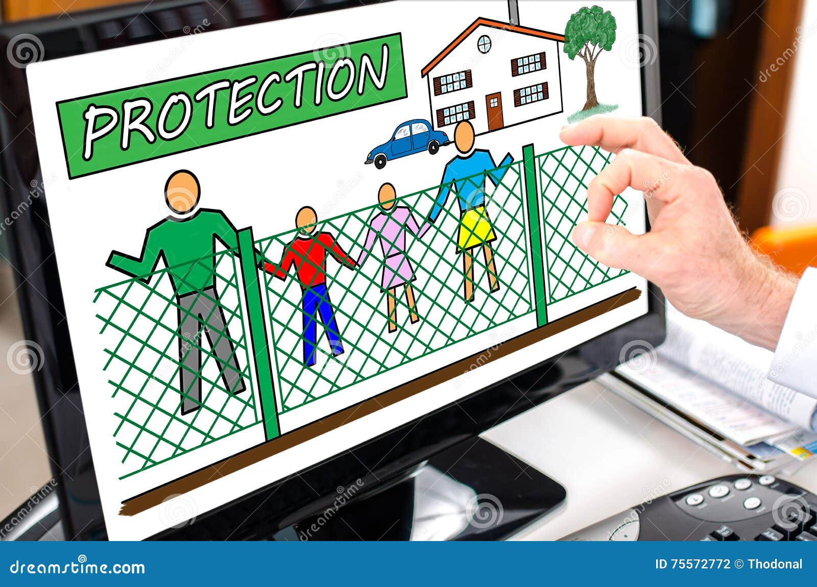 Protection Concept on a Computer Monitor Stock Photo - Image of house ...