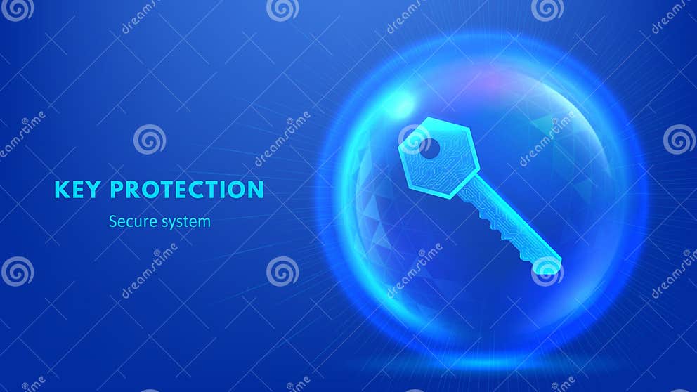Protection Key. Digital Security Key in Glowing Wireframe Shield Sphere ...