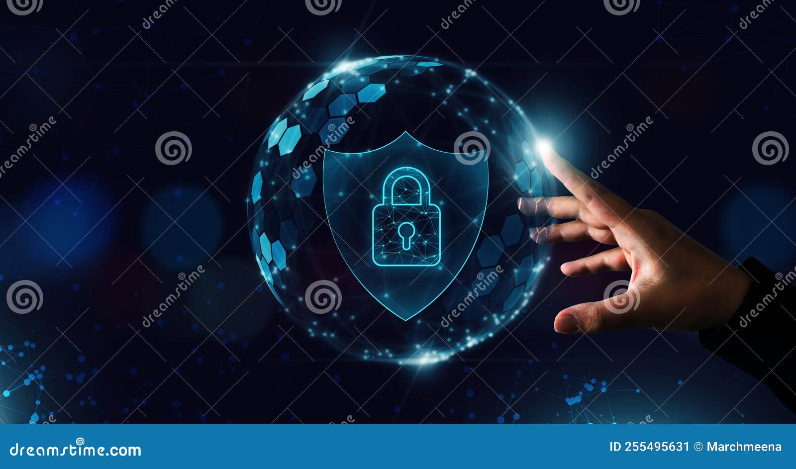 Hand of Businessman Pointing Shield Protect Icon and Graphic World ...