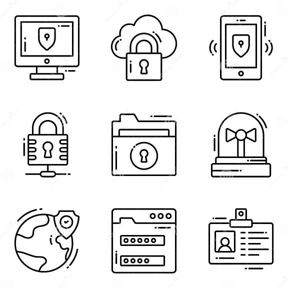 Protection and Security Vector Line Icons Set Cyber Computer Network Business Data Technology ...