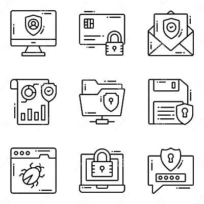 Protection and Security Vector Line Icons Set Cyber Computer Network Business Data Technology ...
