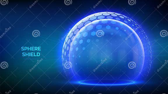 Protection Sphere Shield with Hexagon Pattern on Blue Background. Glass ...