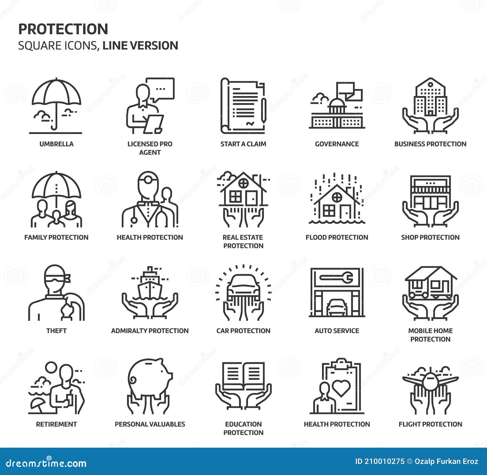 Protection, Square Icon Set Stock Vector - Illustration of estate ...