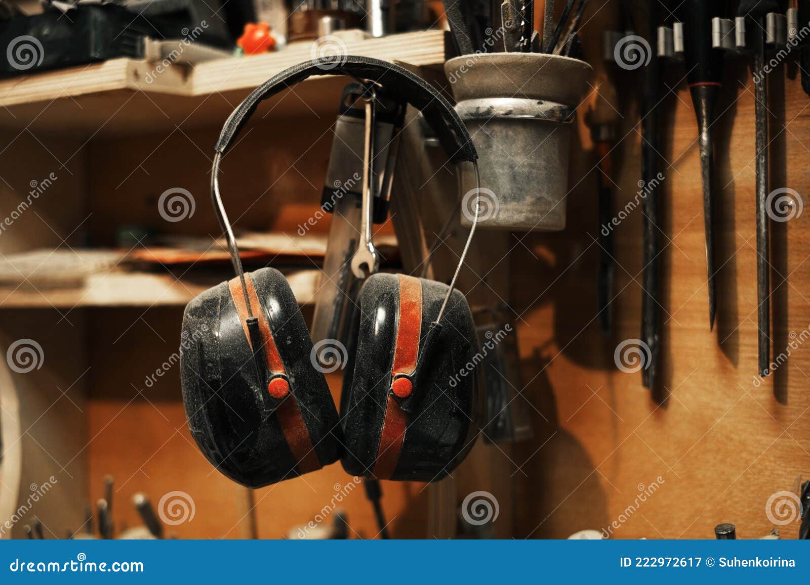 Protective Ear Muffs. a Creative Working Workshop of a Wood Sculptor ...