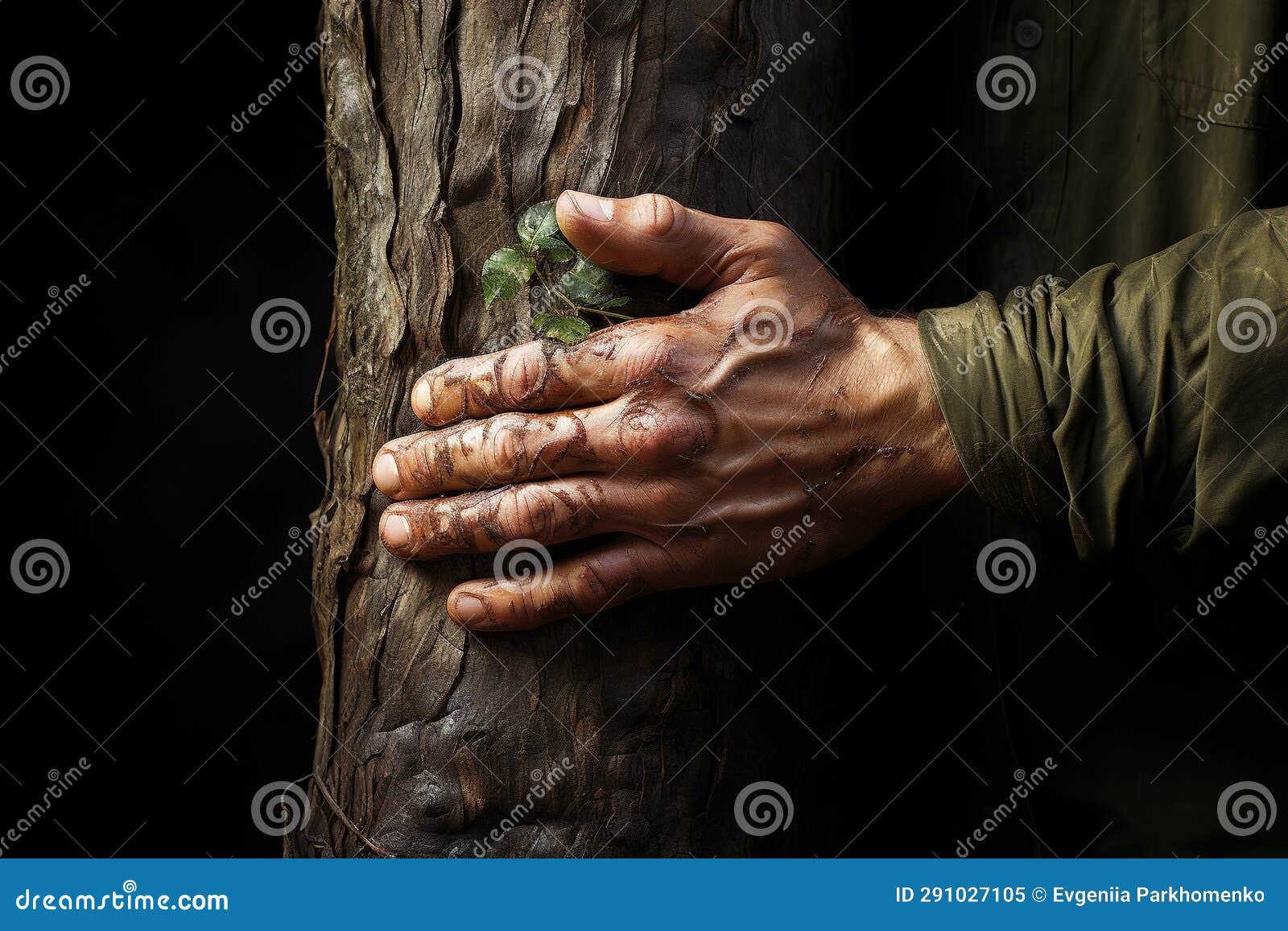 Protective Hand Cradles the Rugged Tree Trunk, a Poignant Symbol of ...