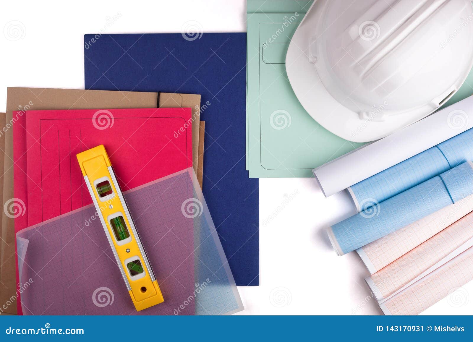 Protective Helmet, Level, Graph Paper and Colored Folders. Stock Image ...