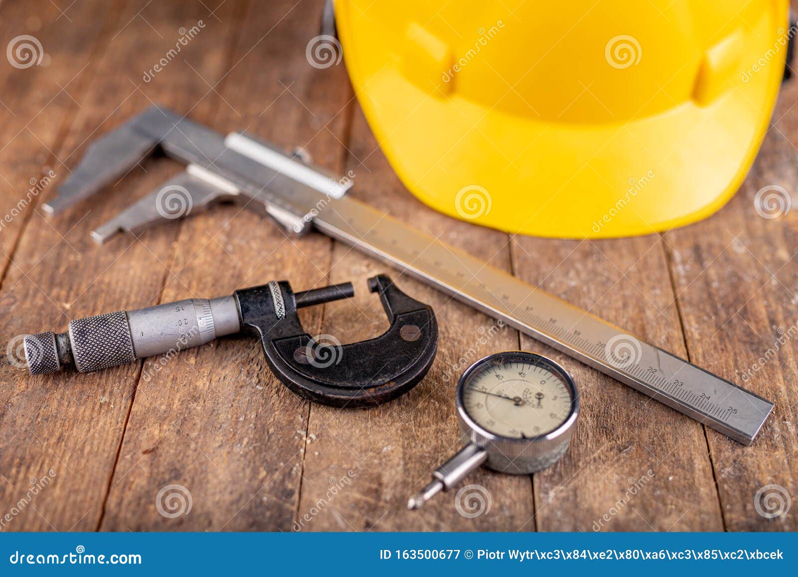 Protective Helmet and Measuring Tools. Work Accessories for Production ...