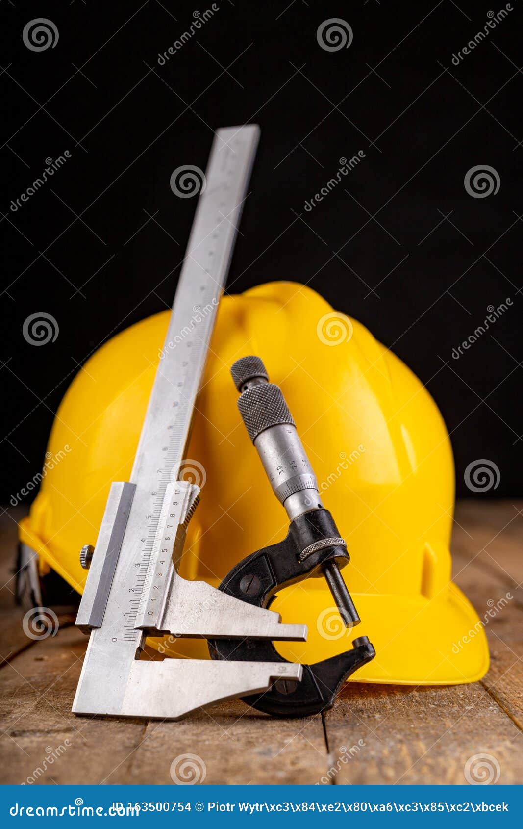 Protective Helmet and Measuring Tools. Work Accessories for Production ...