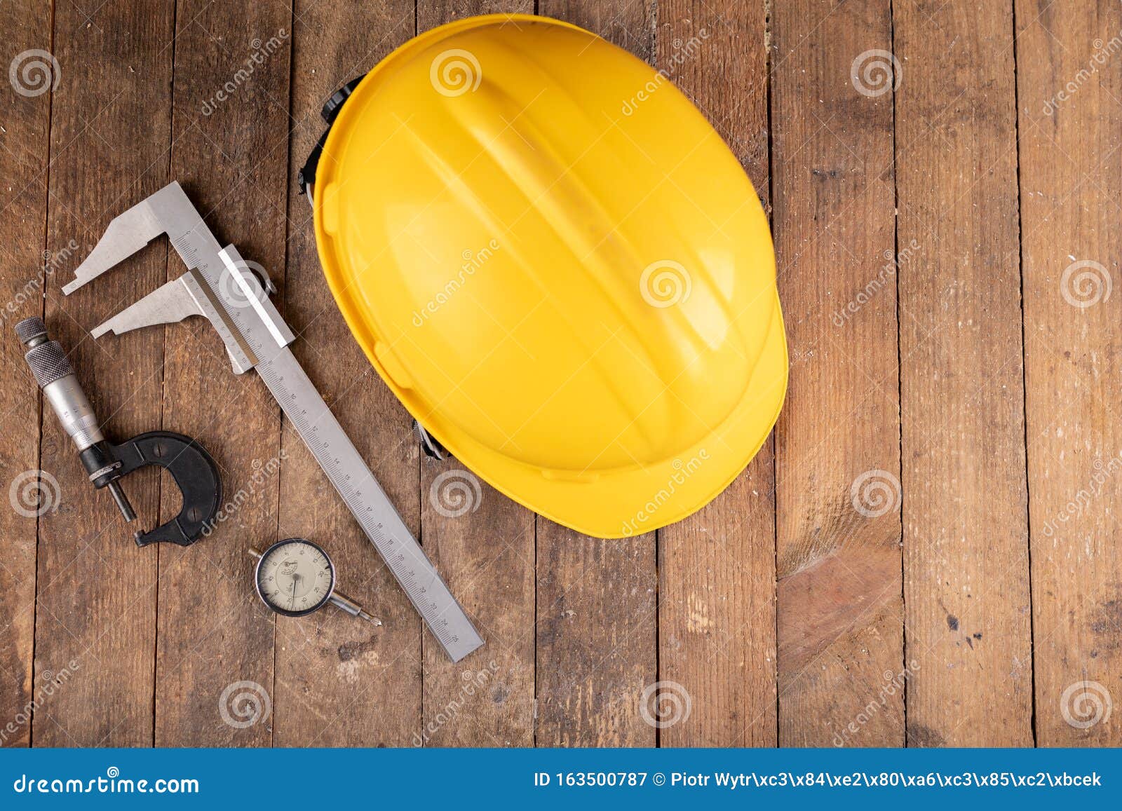 Protective Helmet and Measuring Tools. Work Accessories for Production ...