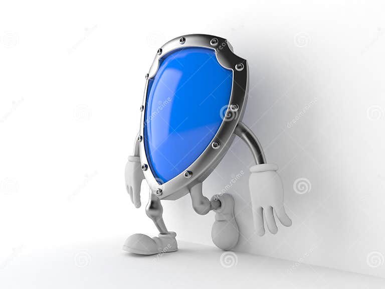 Protective Shield Character Leaning on Wall on White Background Stock ...