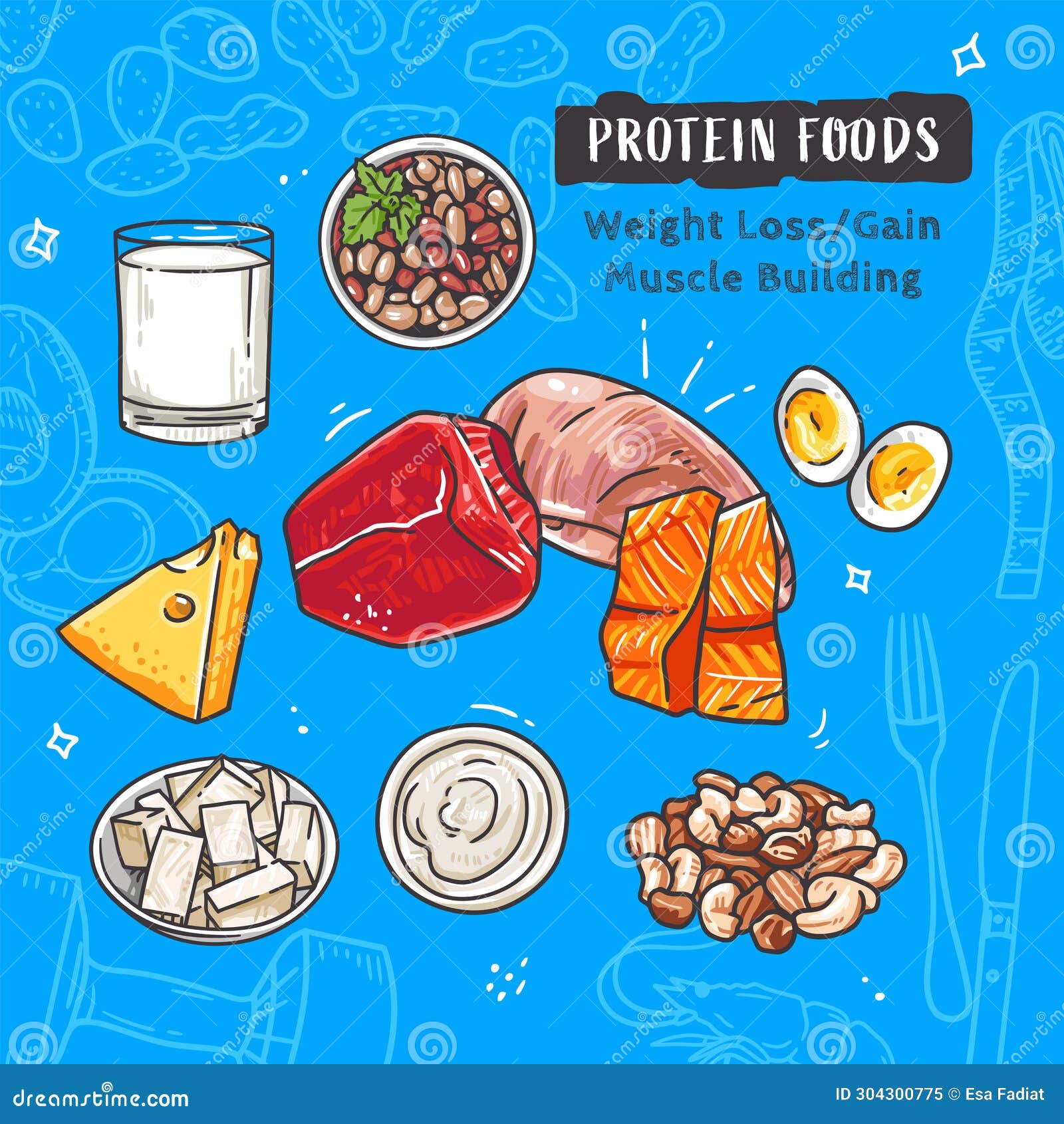 Protein-rich Foods on a Blue Background. Hand-drawn Vector Illustration ...