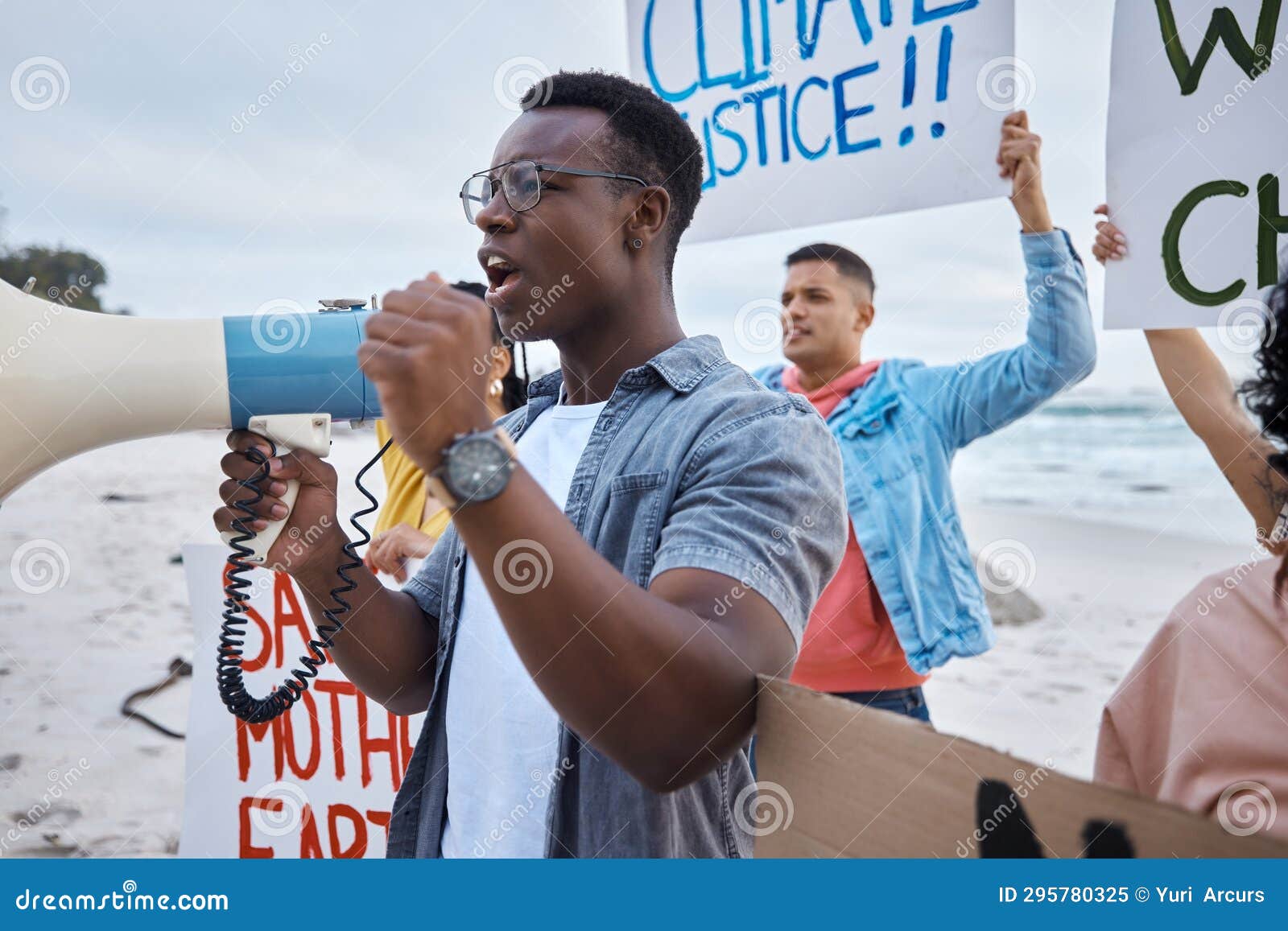 Protest, Climate Change and Megaphone with Black Man at the Beach for ...