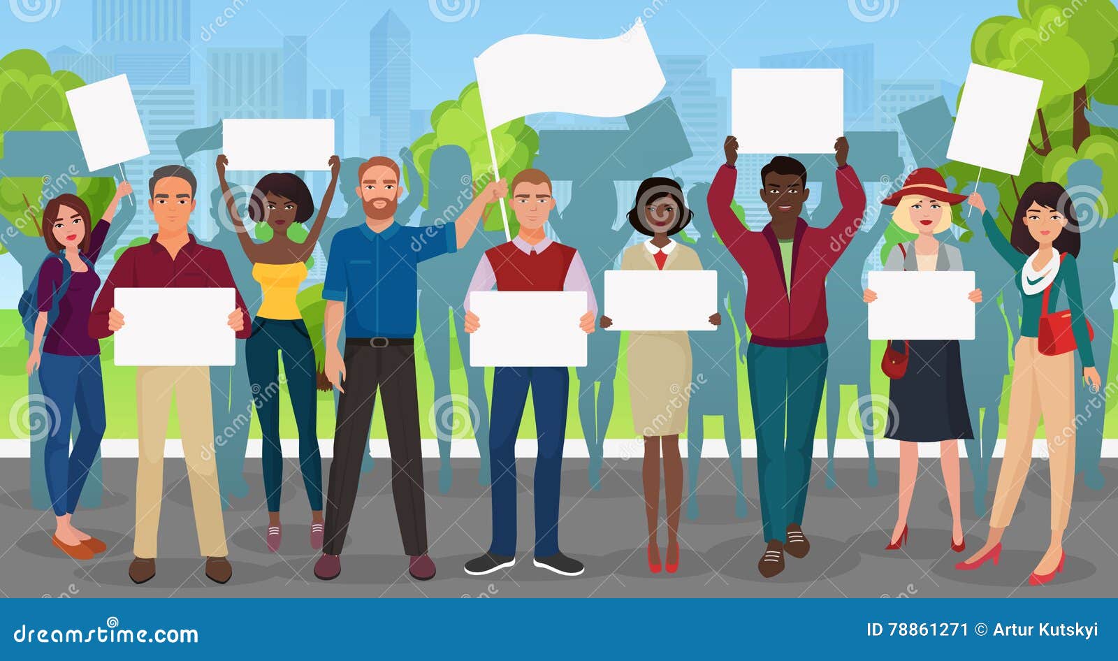 Protest People With Placards Megaphones On Demonstration. Crowd ...