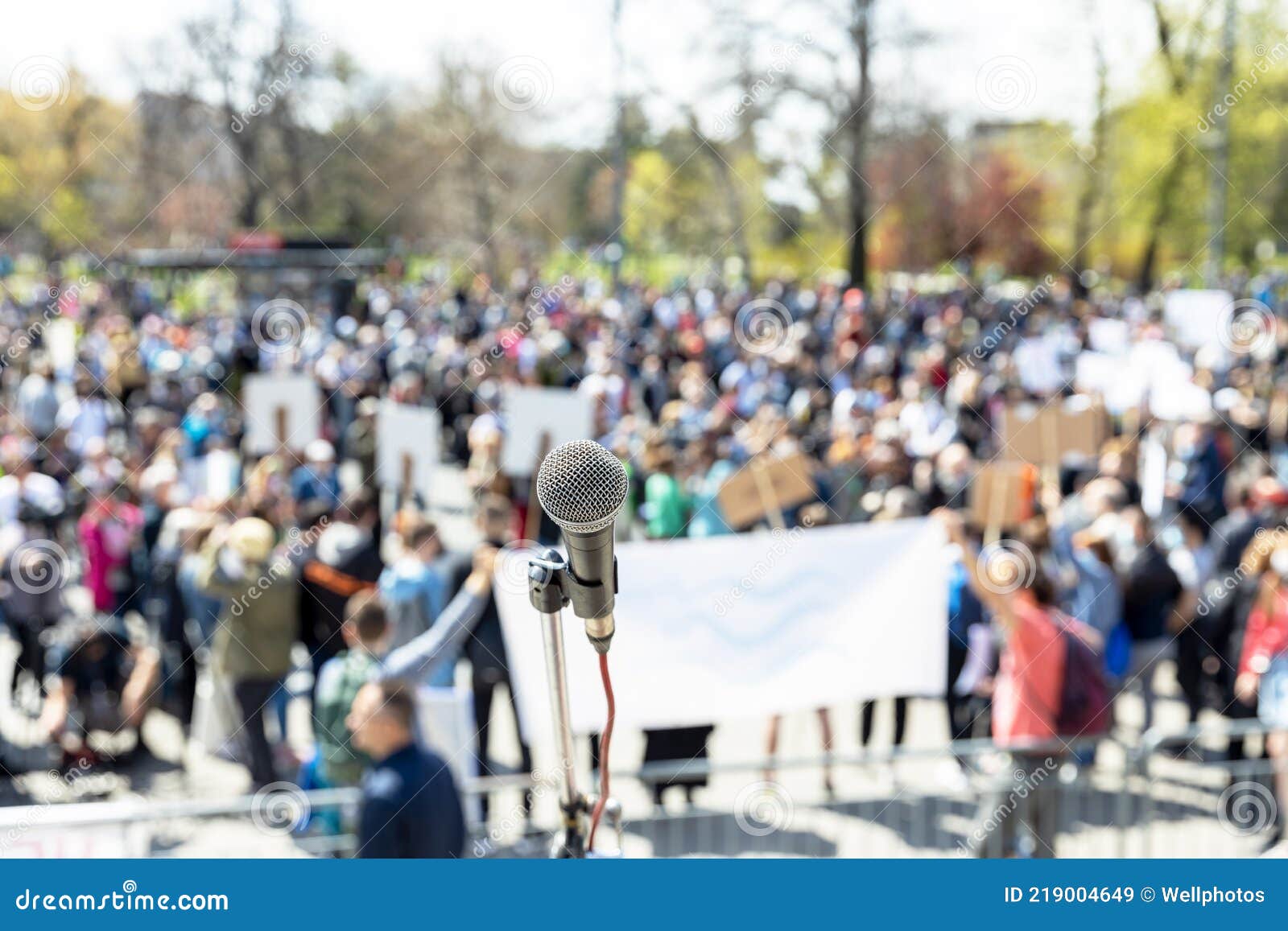 Protest or Public Demonstration, Focus on Microphone, Blurred Crowd of ...