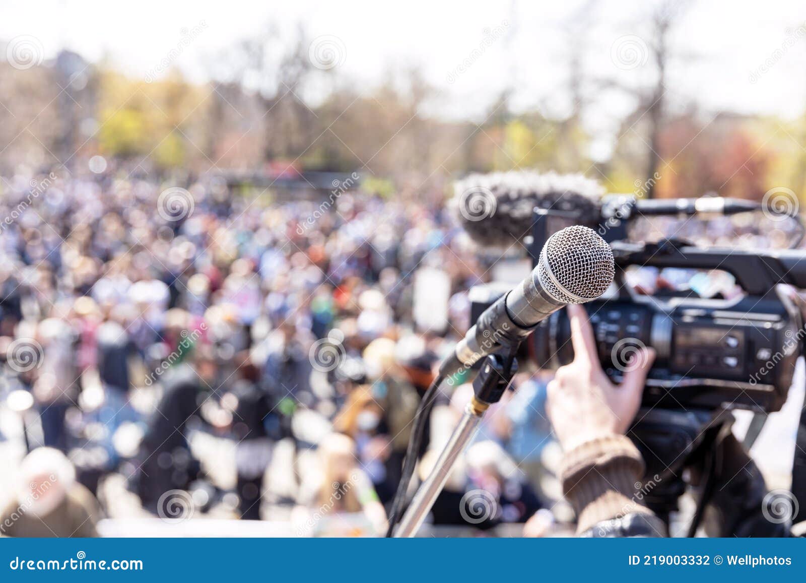 Public Demonstration Or Political Protest. Microphone In Focus Against ...