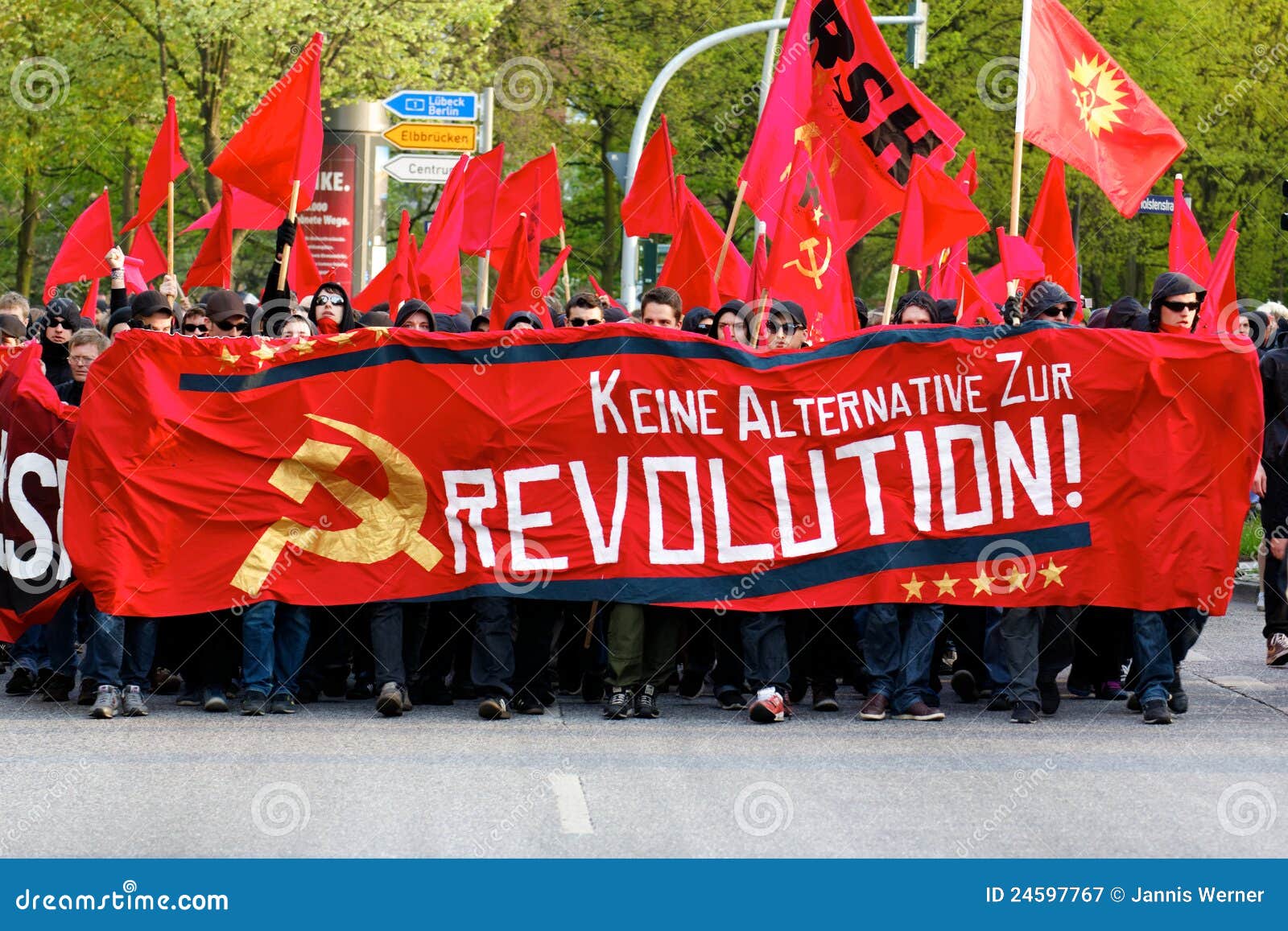 Protesters March with Red Banners Editorial Photography - Image of ...