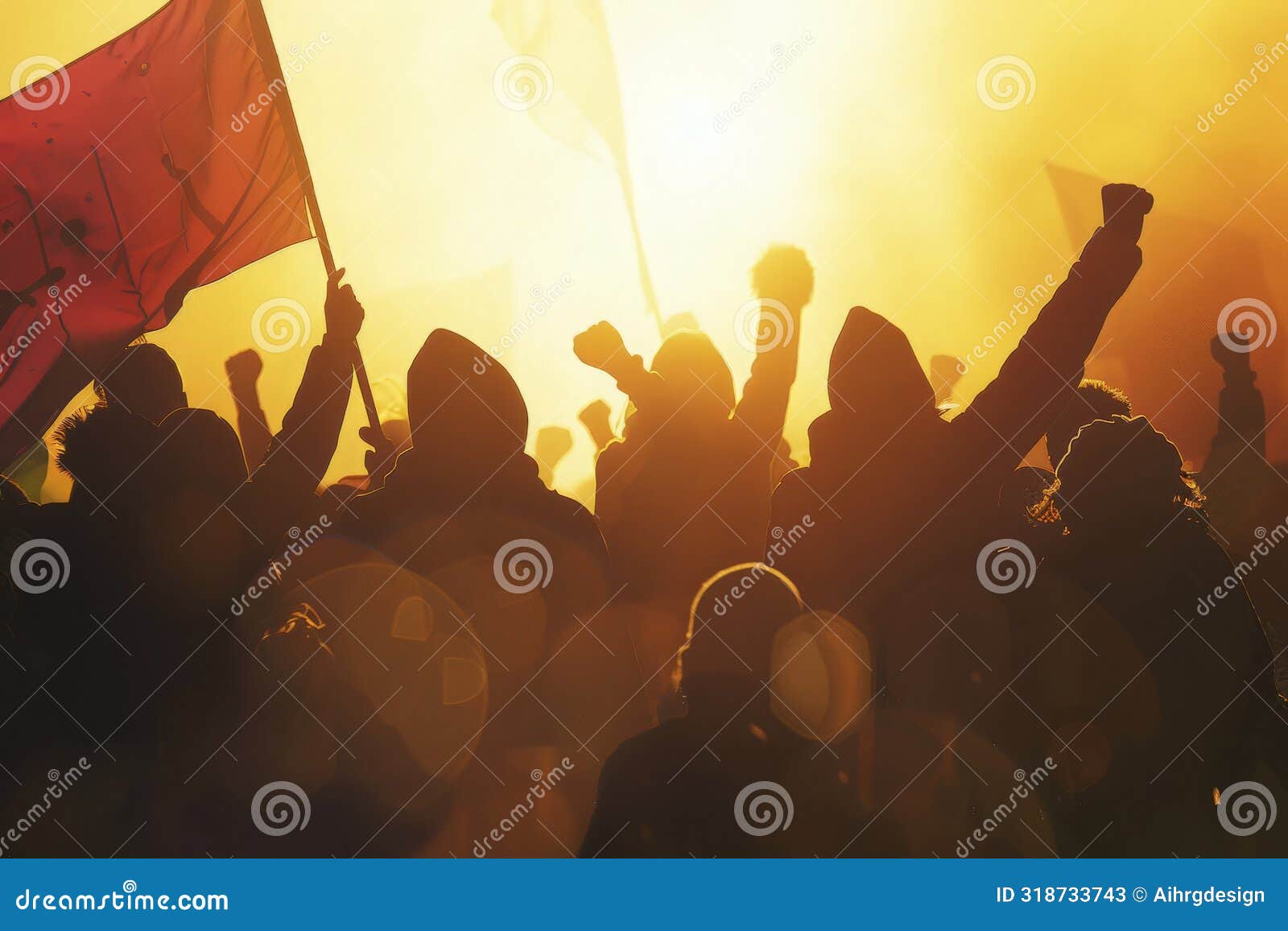 Vibrant Protesters Raising Flags in Golden Hour Light Gathering Stock ...