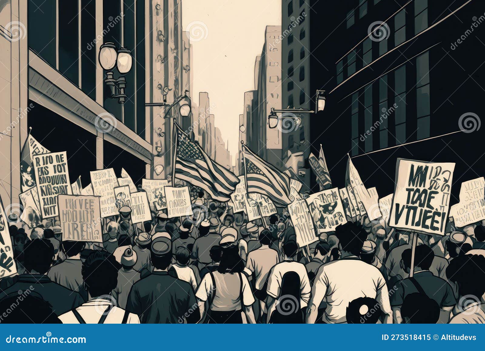 Protesting Crowd Marching through Downtown, with Banners and Signs ...