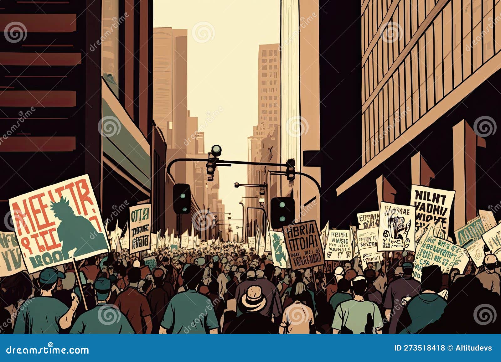 Protesting Crowd Marching through Downtown, with Banners and Signs ...