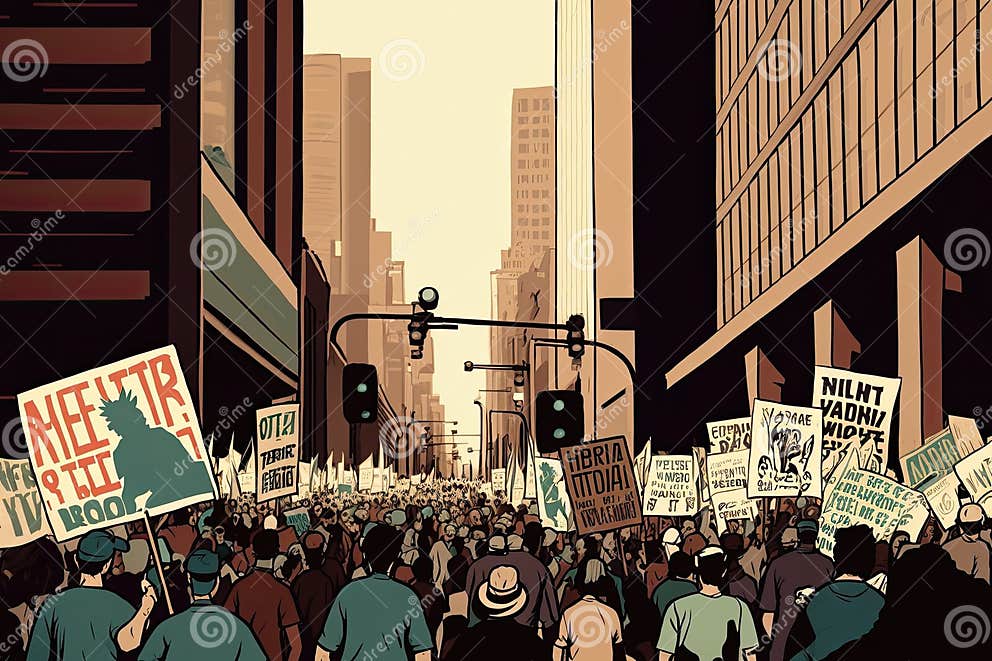 Protesting Crowd Marching through Downtown, with Banners and Signs ...