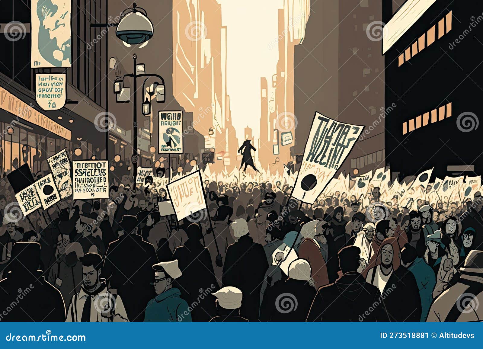 Protesting Crowd Marching through the Streets, with Banners and Signs ...