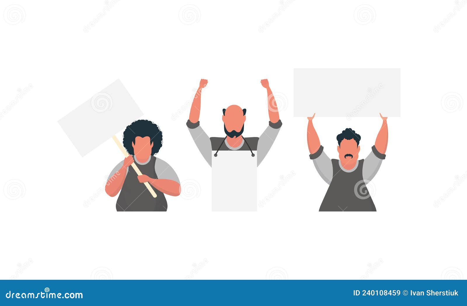 Protesting Men with a Banner. Isolated on White Background. Cartoon ...