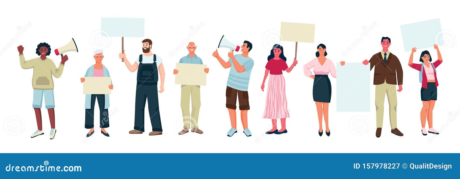 Protesting People with Poster and Loudspeaker. Vector Flat Cartoon ...