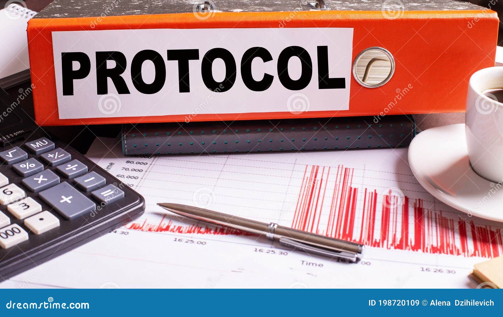 The Protocol is Written on a Red Folder for Papers on the Office Desk ...
