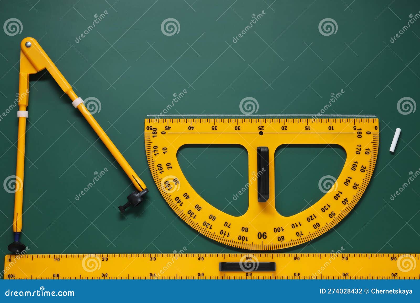 Protractor, Compass, Chalk and Ruler on Green Chalkboard, Flat Lay ...