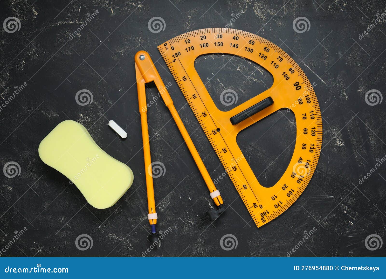 Protractor, Compass, Chalk and Sponge on Blackboard, Flat Lay Stock ...