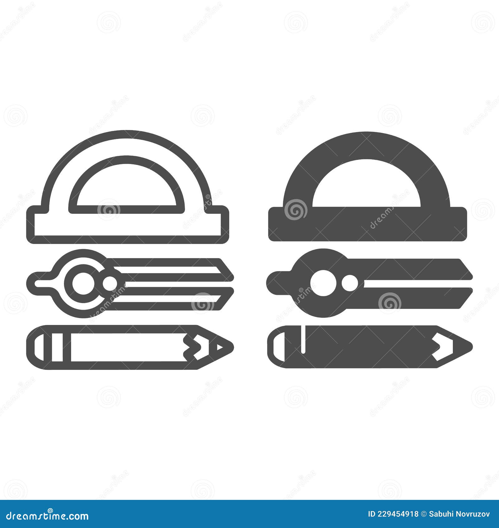 Protractor, Drawing Compass and Pencil Line and Solid Icon, Stationery ...