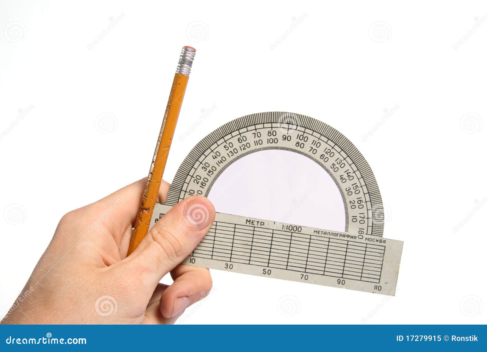 Protractor and Pencil in Hand Stock Image - Image of math, sketch: 17279915
