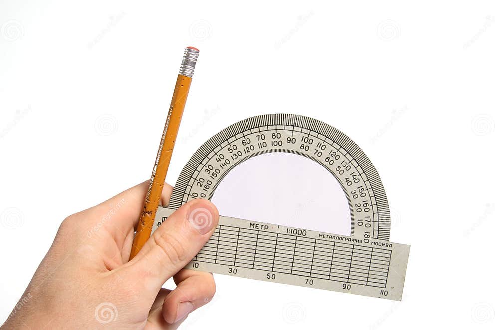 Protractor and Pencil in Hand Stock Image - Image of math, sketch: 17279915