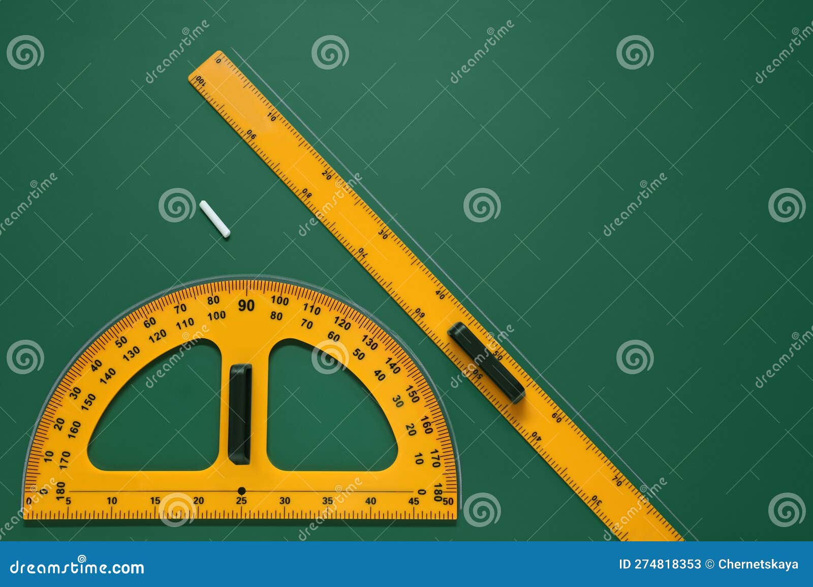 Protractor, Ruler and Chalk on Green Chalkboard, Flat Lay. Space for ...