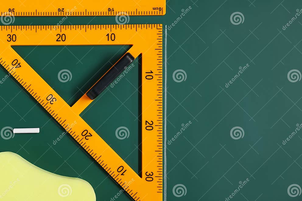 Protractor, Sponge, Chalk and Ruler on Green Chalkboard, Flat Lay ...