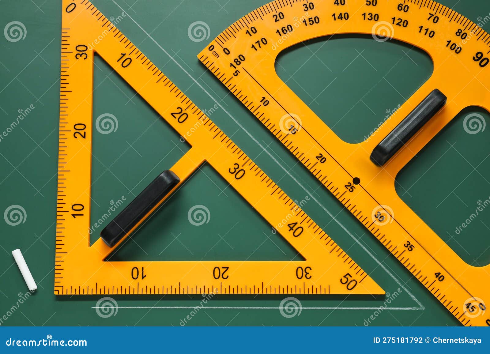 Protractor, Triangle and Chalk on Green Chalkboard, Flat Lay Stock ...