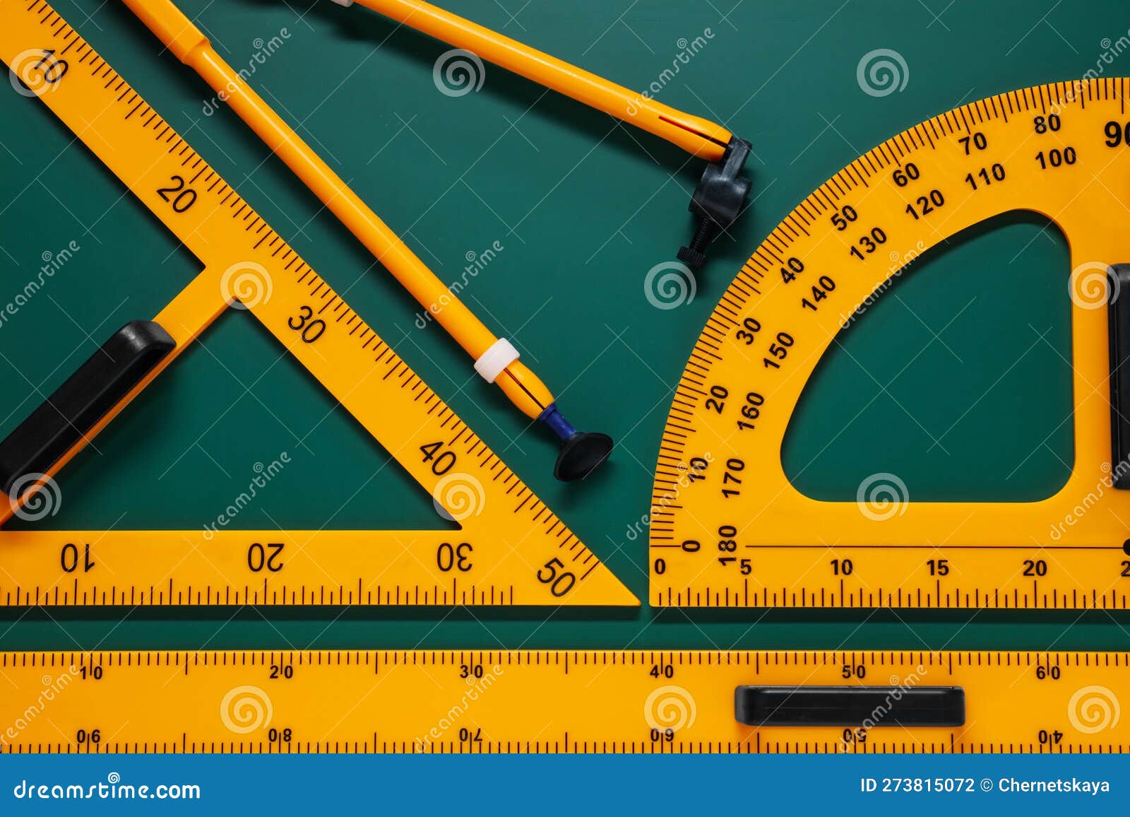 Protractor, Triangle, Ruler and Compass on Green Chalkboard, Flat Lay ...