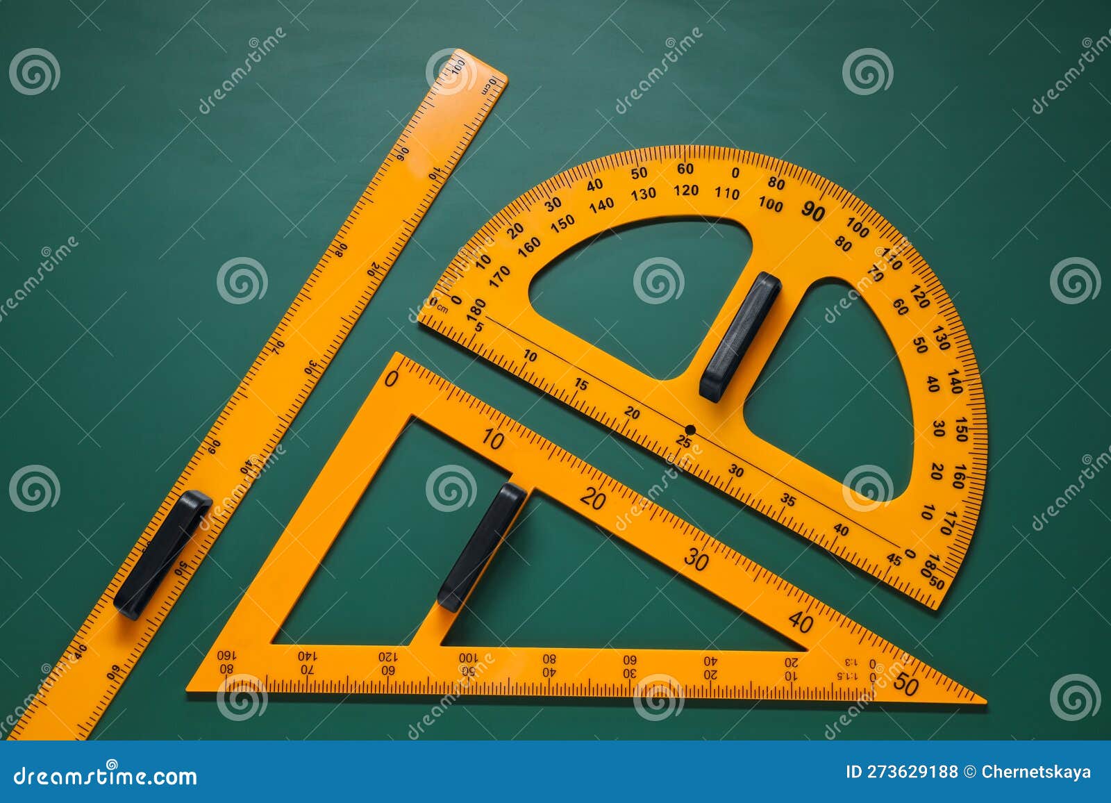 Protractor, Triangle and Ruler on Green Chalkboard, Flat Lay Stock ...