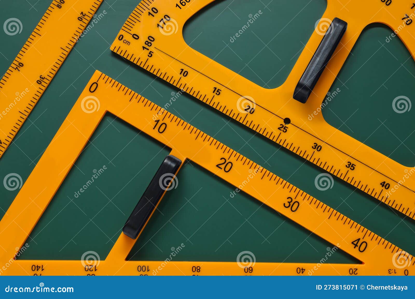 Protractor, Triangle and Ruler on Green Chalkboard, Flat Lay Stock ...
