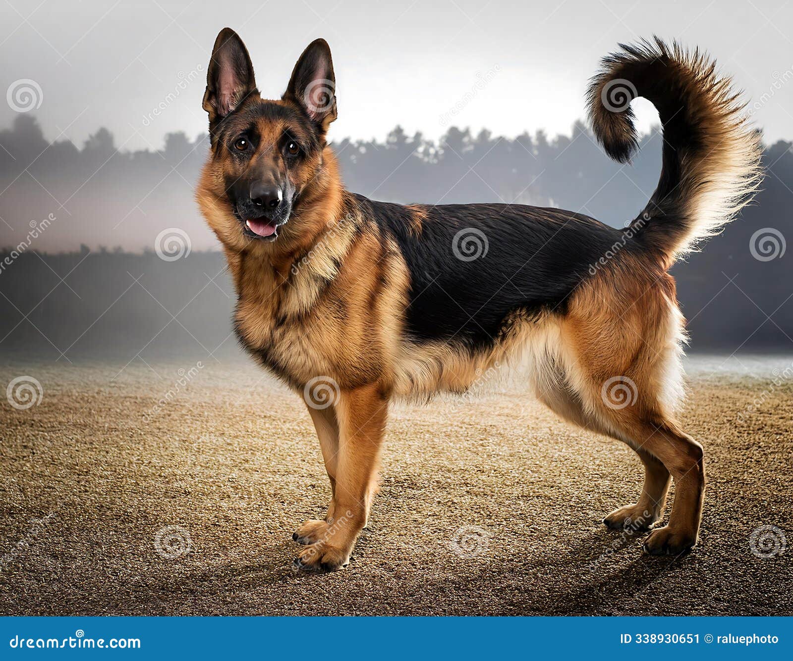 A Proud German Shepherd Stands Tall In A Misty Field, Its Tail Curled ...