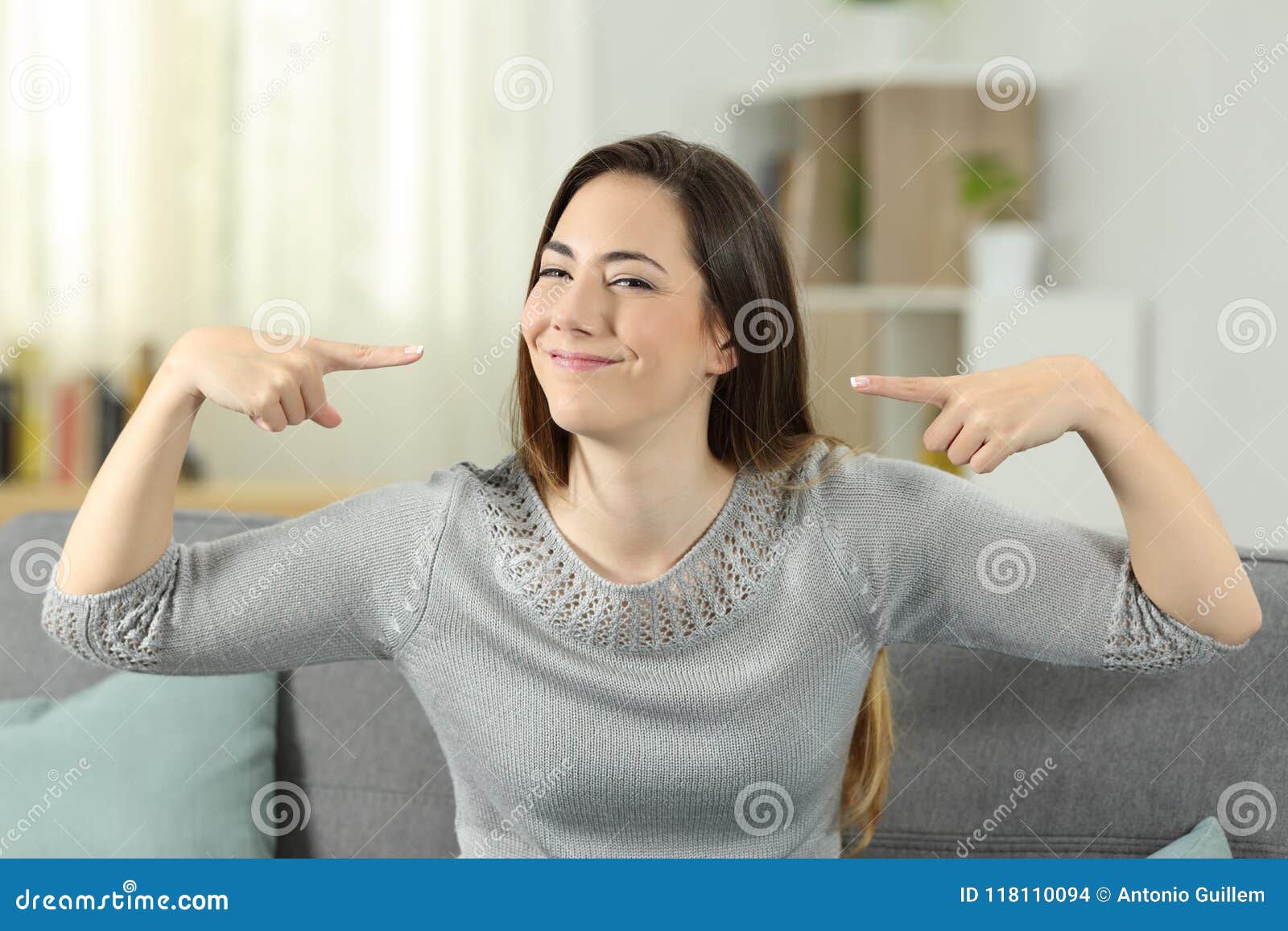 Proud Happy Woman Pointing Herself at Home Stock Photo - Image of ... Proud Happy Woman Pointing Herself at Home Stock Photo - Image of ...