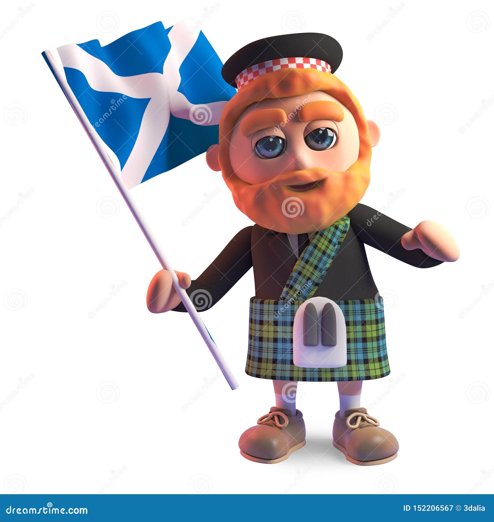 Proud Scottish Man in Kilt Waves the Scottish Flag, 3d Illustration ...