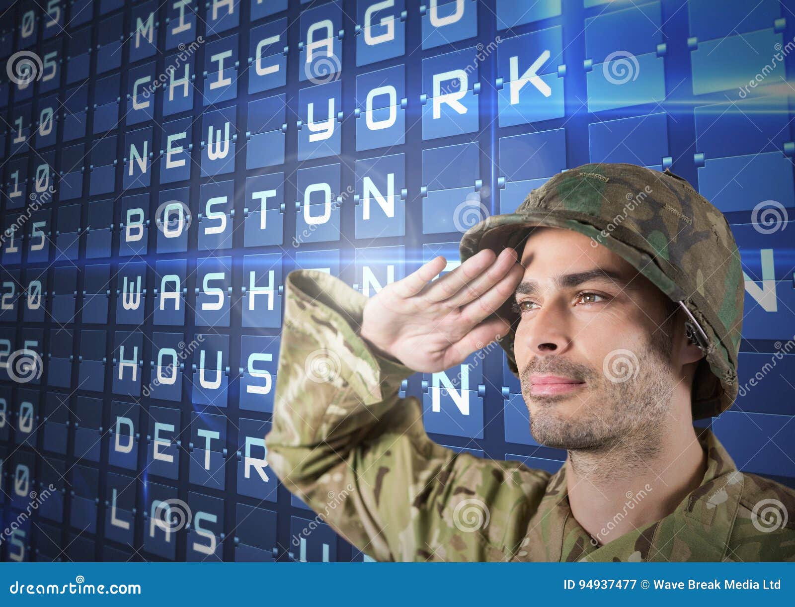 Proud Soldier Saluting Against Flights Posting Stock Illustration ...