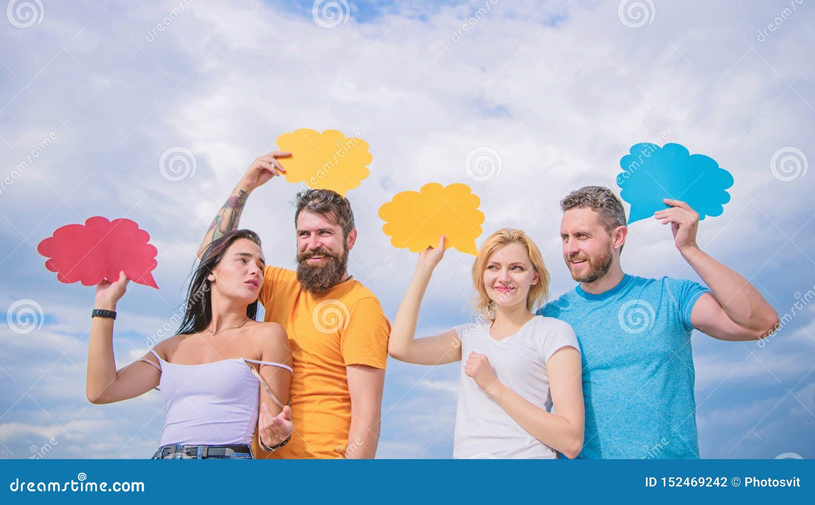 Providing Communication within Group. Friends Send Messages on Comic ...