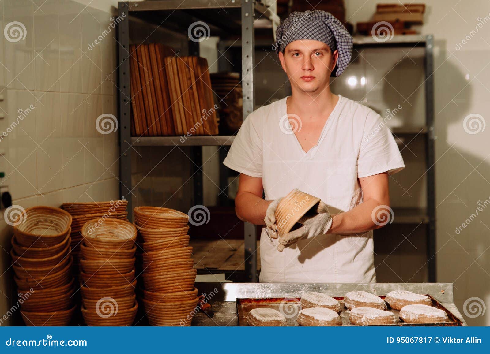 Proving Dough of Bran in Basket. Private Bakery. Production Bread ...